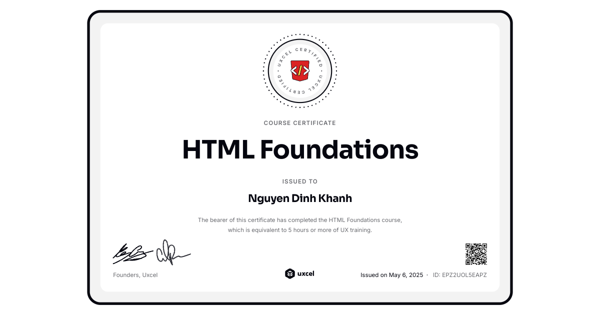 Certificate of completion for HTML Foundations | Uxcel
